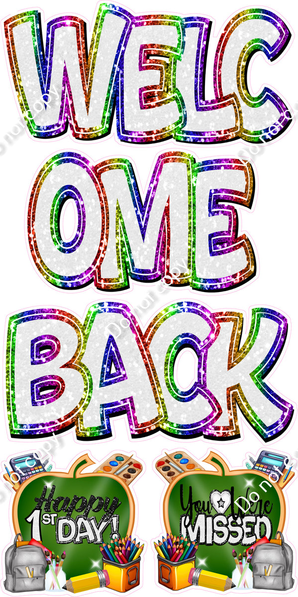5 pc Sparkle White & Rainbow Split Welcome Back Set| Sign Swag USA
