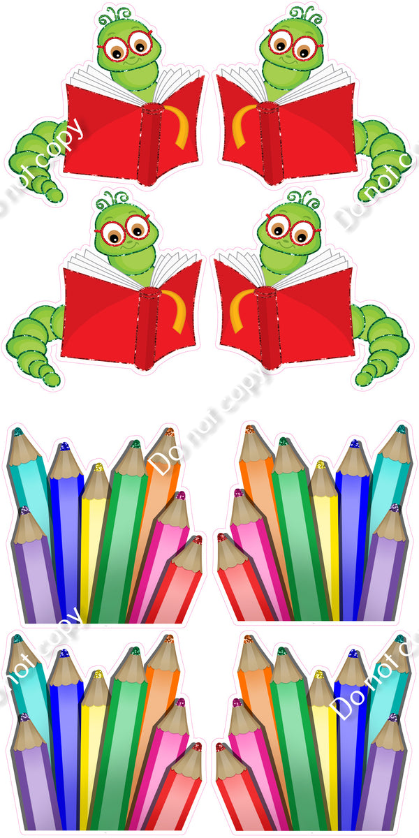 8 pc Bookworm and Colored Pencils Set Theme0823| Sign Swag USA