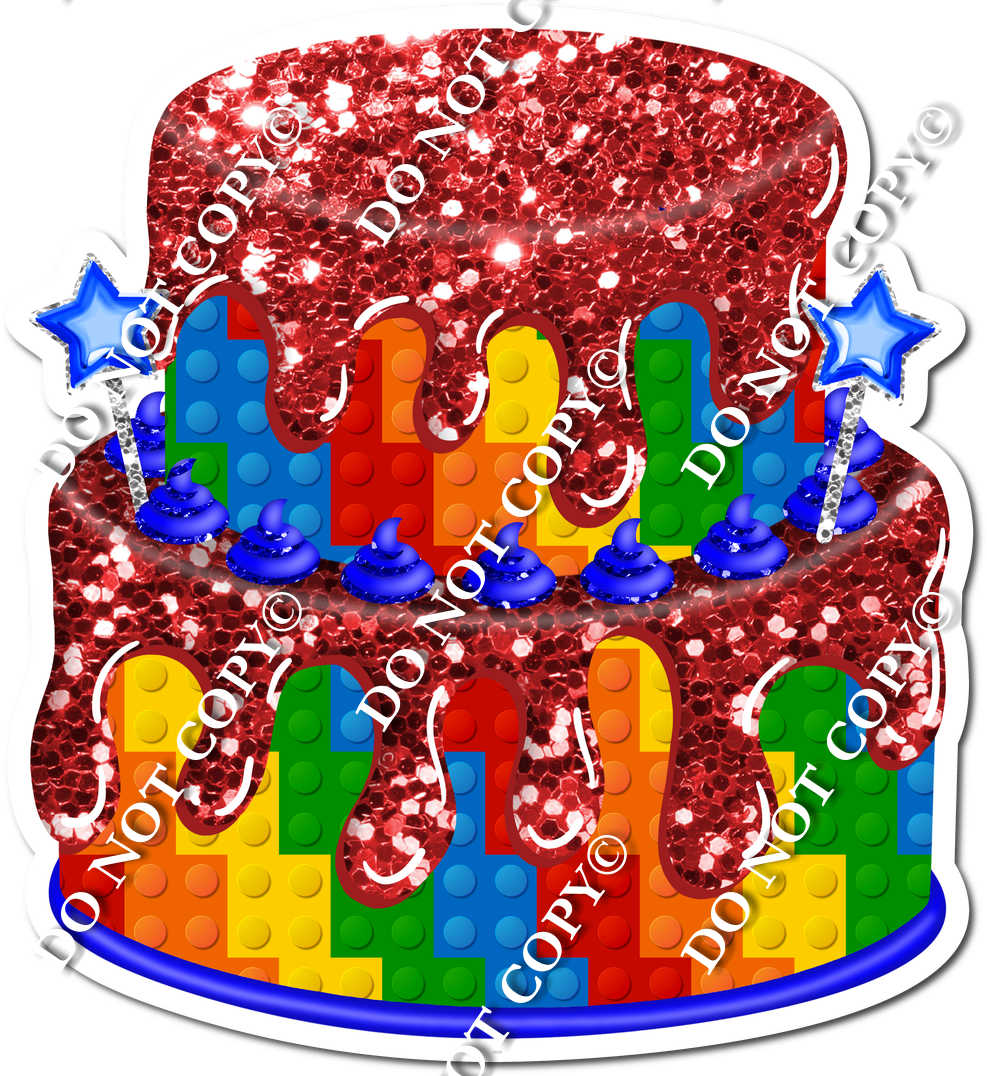 2 Tier Building Blocks Cake, Blue Dollops, Red Drip| Sign Swag USA