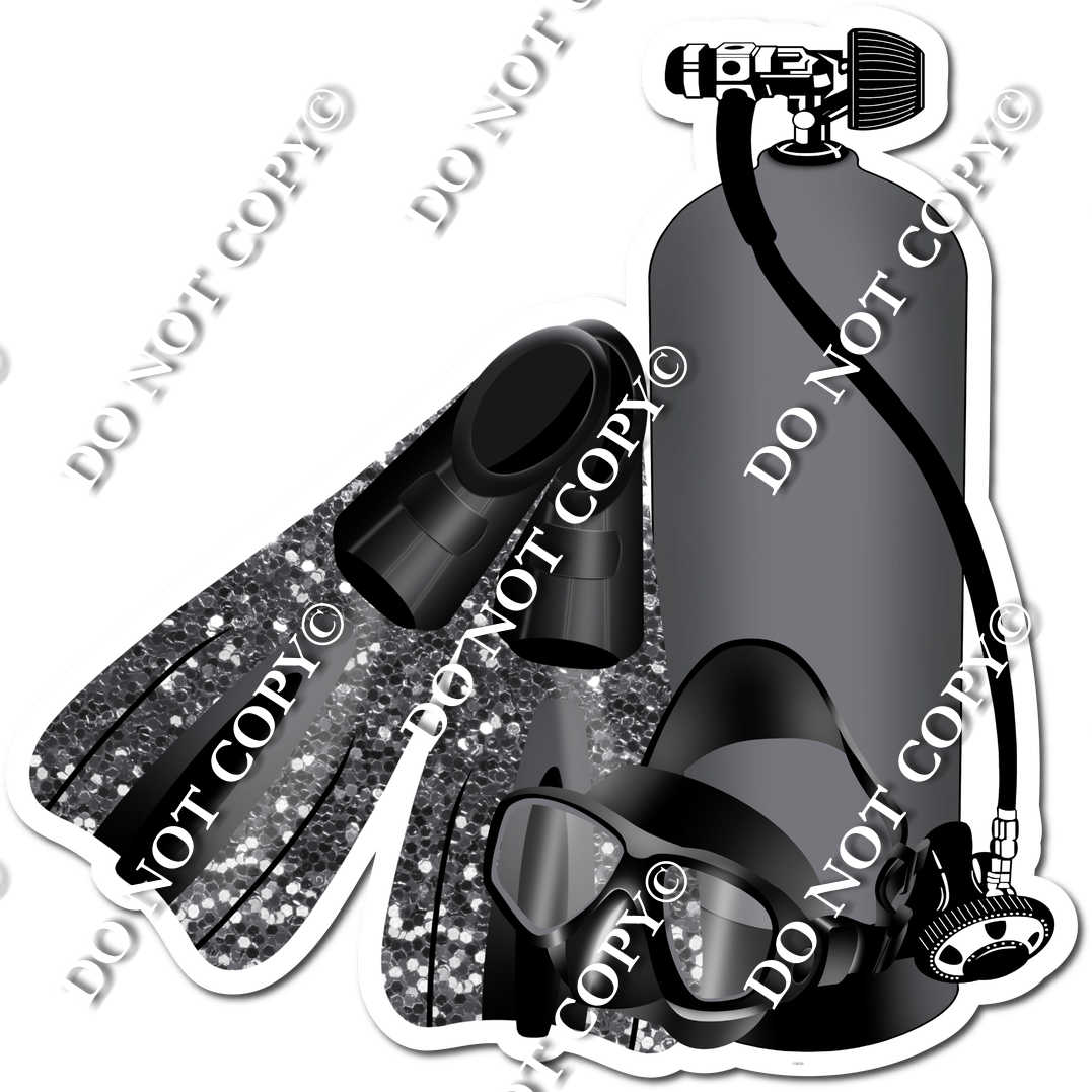 Grey Scuba Tank, Goggles, Silver Fins| Sign Swag USA