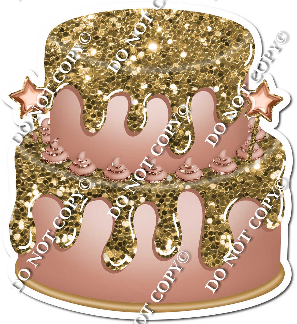 2 Tier Rose Gold Cake & Dollops, Gold Drip| Sign Swag USA