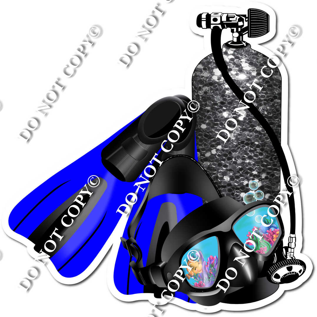 Silver Scuba Tank, Goggles, Flat Blue Fins| Sign Swag USA