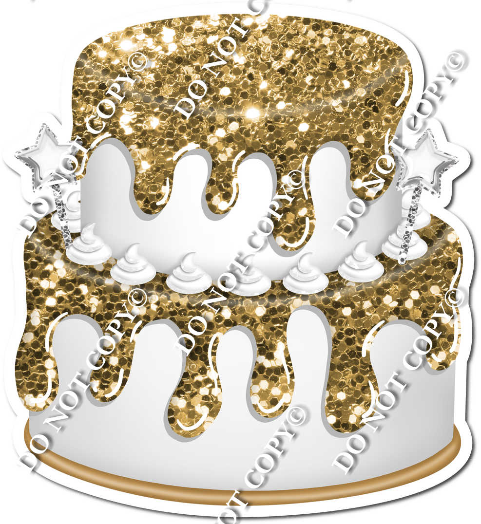 2 Tier White Cake & Dollops, Gold Drip| Sign Swag USA
