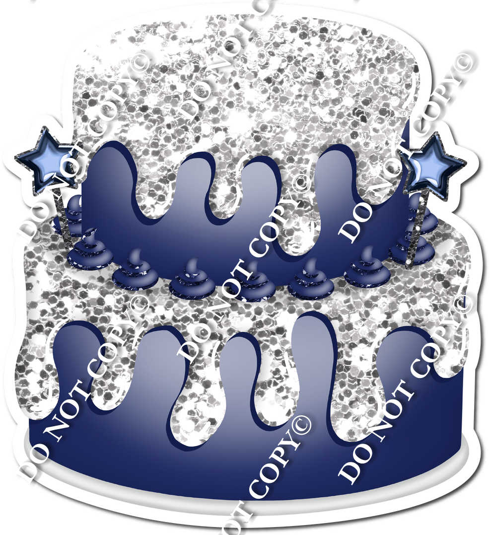 2 Tier Navy Blue Cake & Dollops, Light Silver Drip| Sign Swag USA
