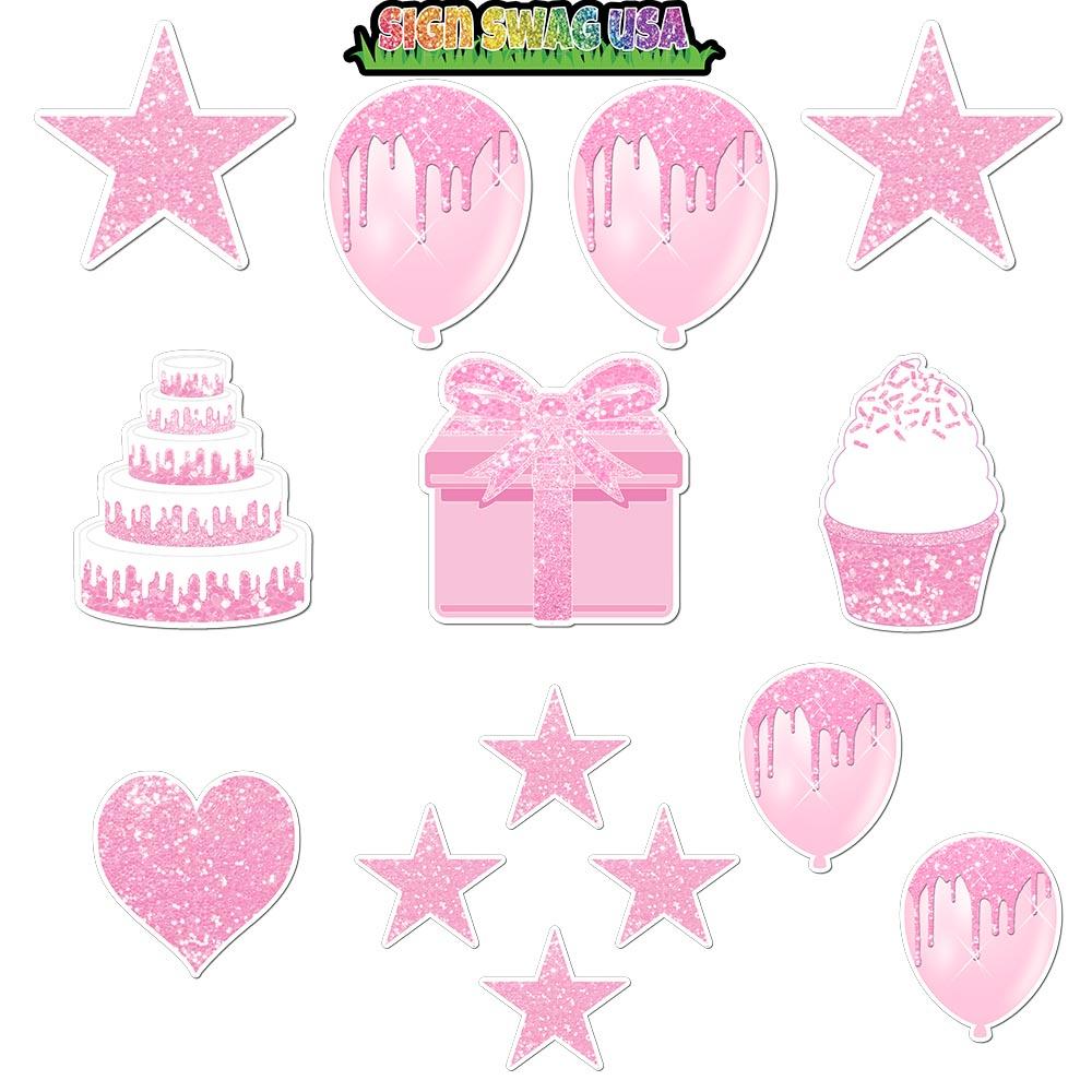 Baby Pink Sparkle HBD Flair Package Yard Signs| Sign Swag USA