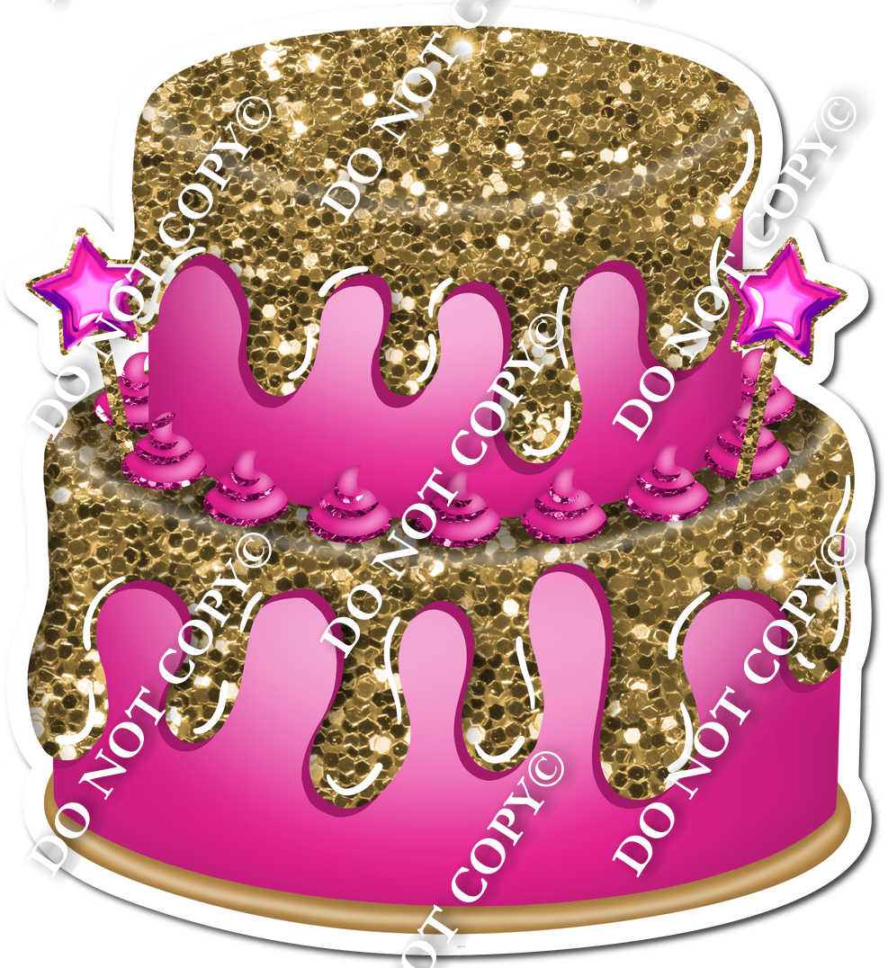 2 Tier Hot Pink Cake , Gold Dollops & Drip| Sign Swag USA