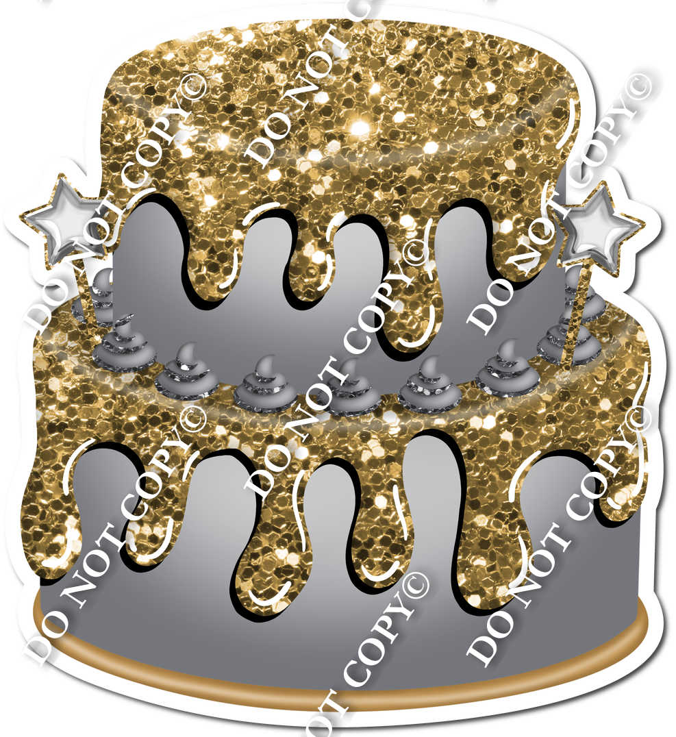 2 Tier Silver Cake , Gold Dollops & Drip| Sign Swag USA