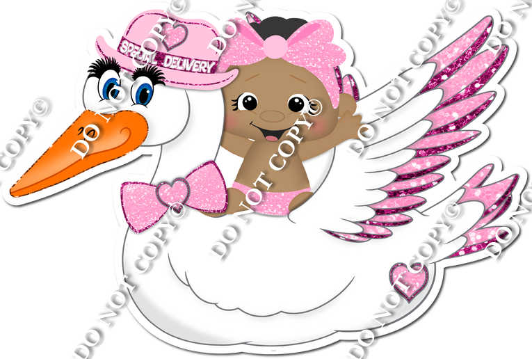 Baby Pink Dark Skin Tone Baby Girl Riding Stork w / Variant| Sign Swag USA